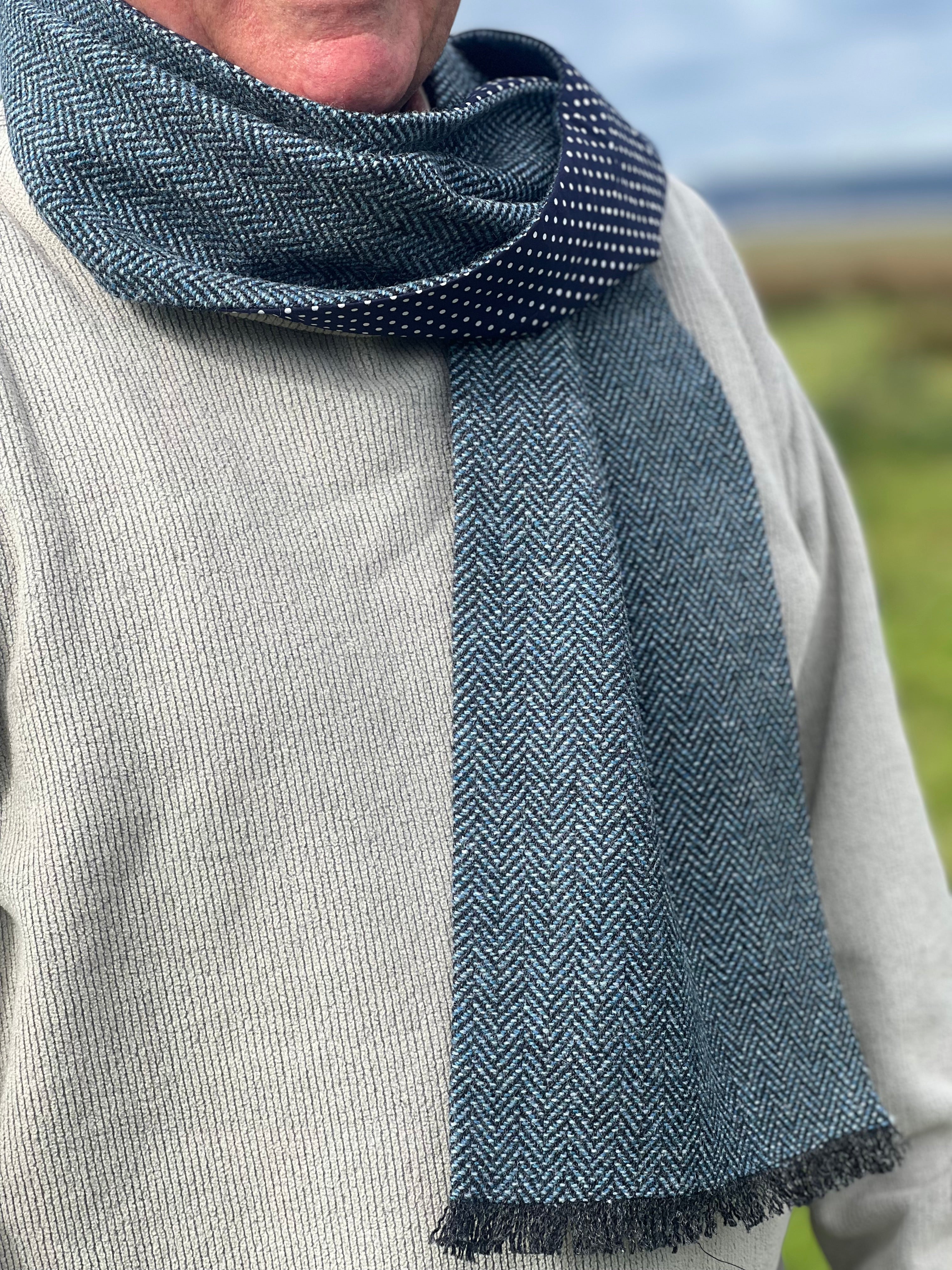 Pembroke Tweed Scarf with Blue Polka Dot Lining – Welsh Tweed
